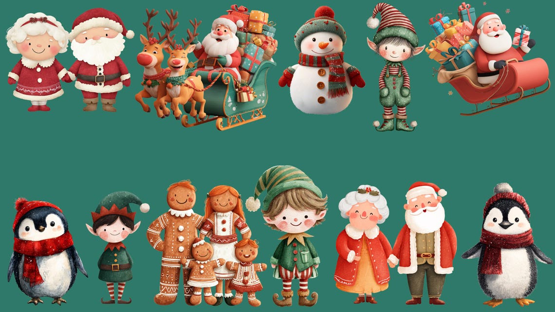 Watercolor Christmas Clipart, Retro Cartoon Character Illustrations ...