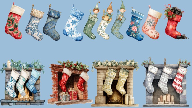 Watercolor Christmas Stockings Clipart, Fireplace Decor (digital ...