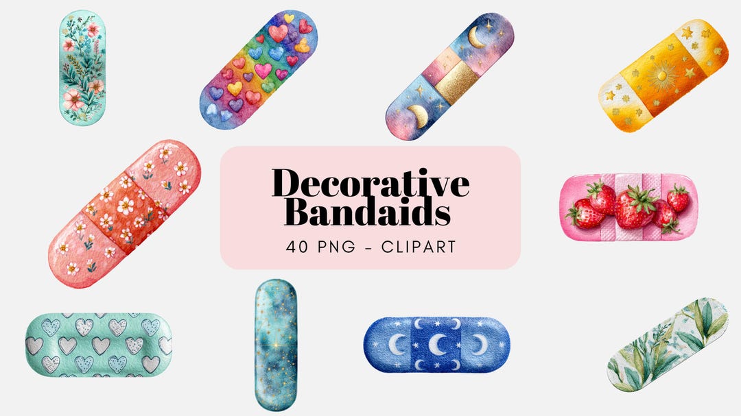 Watercolor Decorative Bandaids Clipart, Colorful, Pattern - Etsy