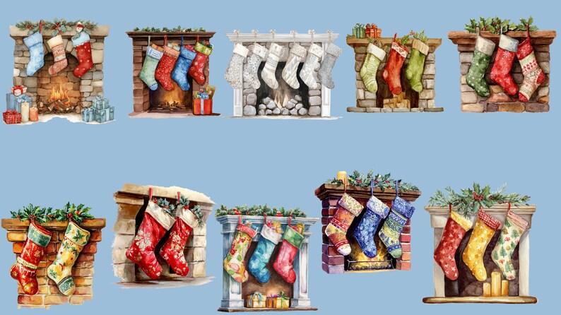 Watercolor Christmas Stockings Clipart, Fireplace Decor (digital ...