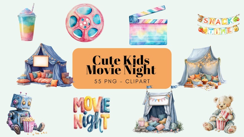 Watercolor Cute Kids Movie Night Clipart, Film, Popcorn - Etsy