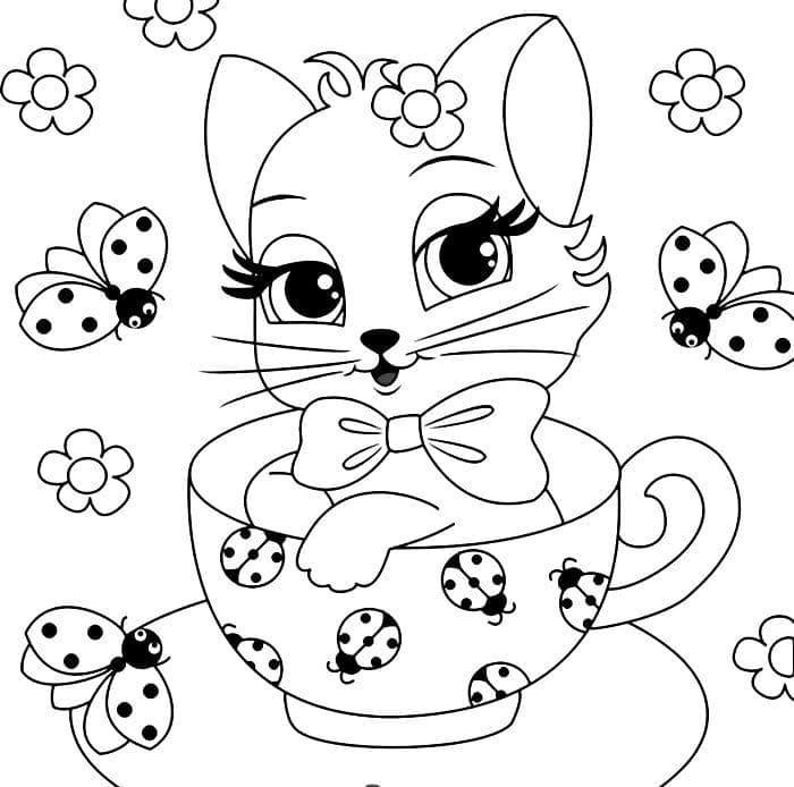 50 Cute Cat Coloring Pages for Kids, Printable & iPad Coloring Book ...