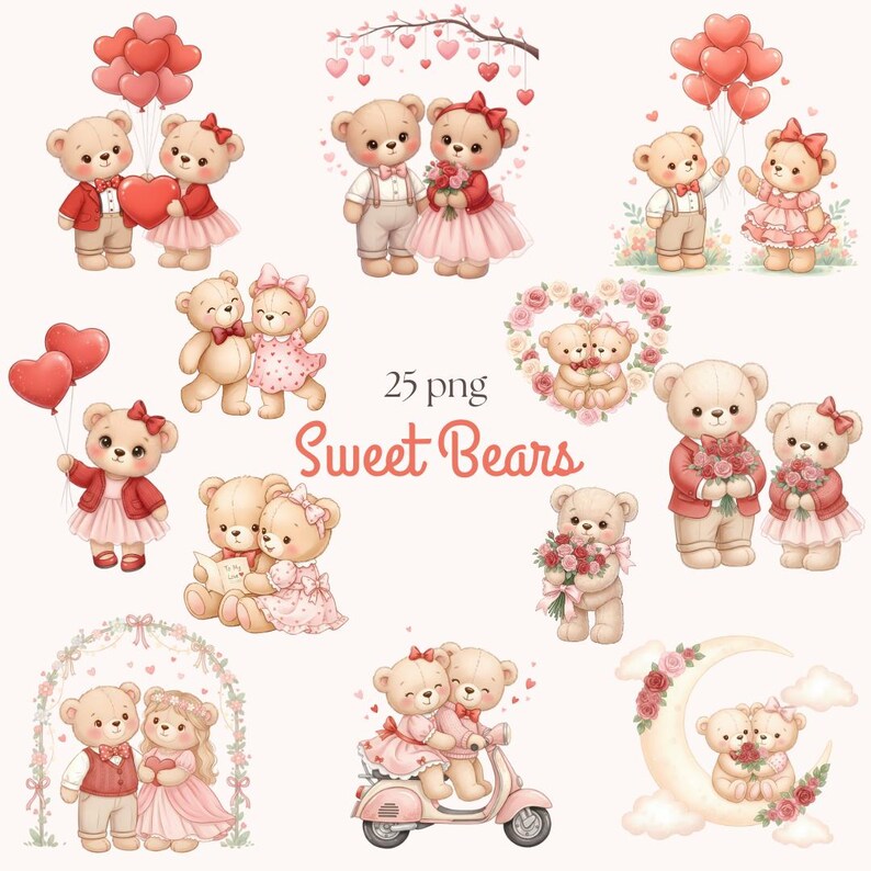 Valentine Bears Clipart Bundle, Watercolor Love Graphics, Valentine Png ...