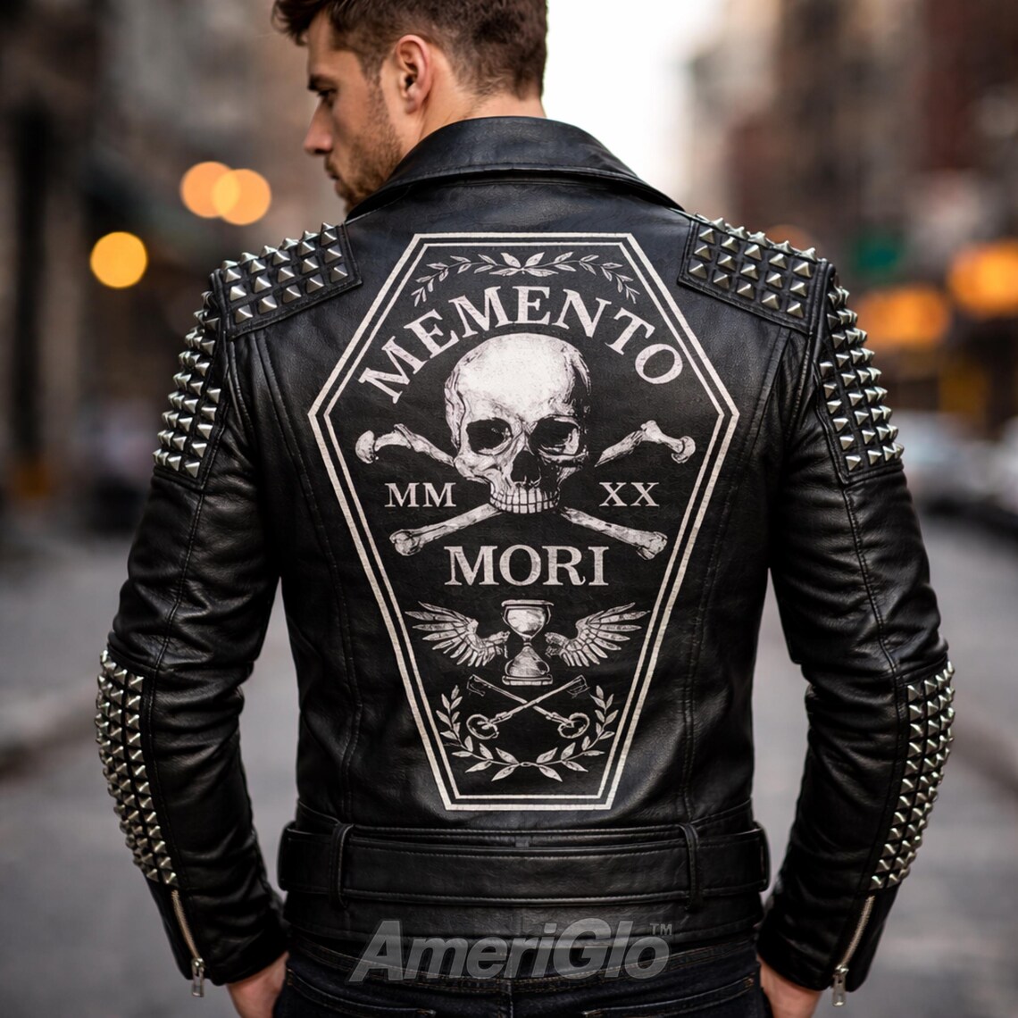 Men’s Studded Leather Biker Jacket – Memento Mori Skull Patch Punk ...