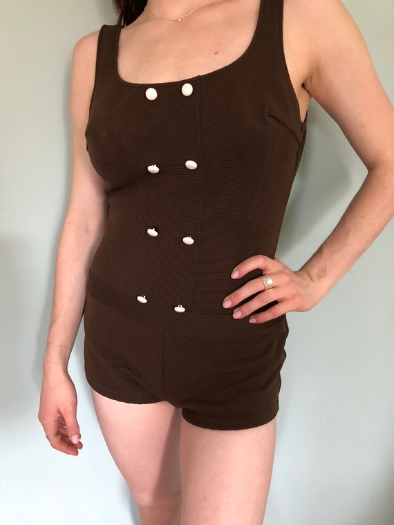 Brown One Piece Bathing Suit 1960's Medium - Gem