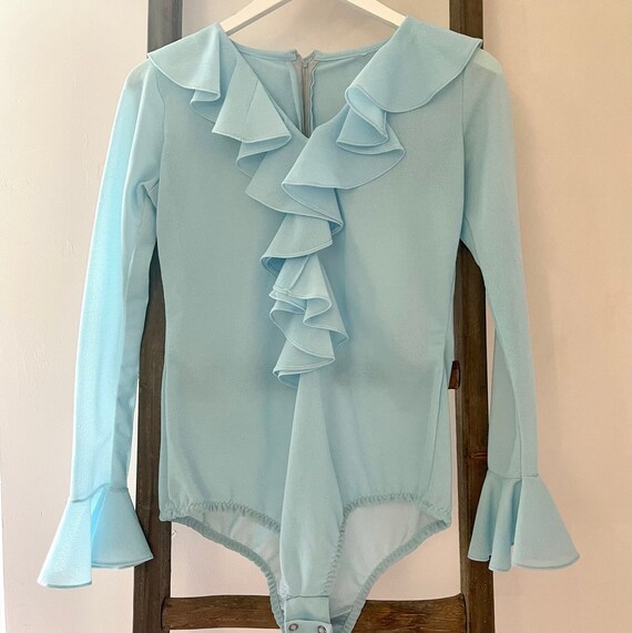 Pretty Powder Blue Bodysuit 1970's with Ruffled Collar - Gem