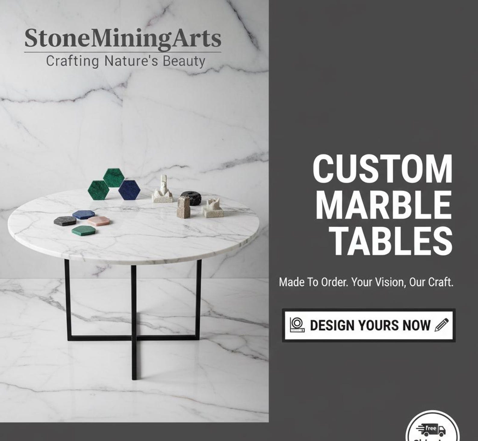 Round Dark Grey Marble Dining Table | Black & White Veined Natural ...