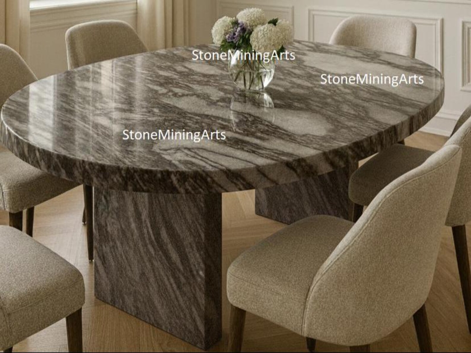 Round Dark Grey Marble Dining Table | Black & White Veined Natural ...