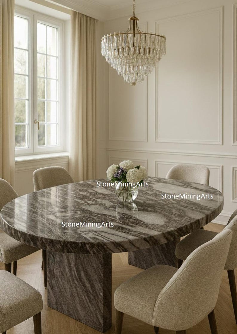 Round Dark Grey Marble Dining Table | Black & White Veined Natural ...
