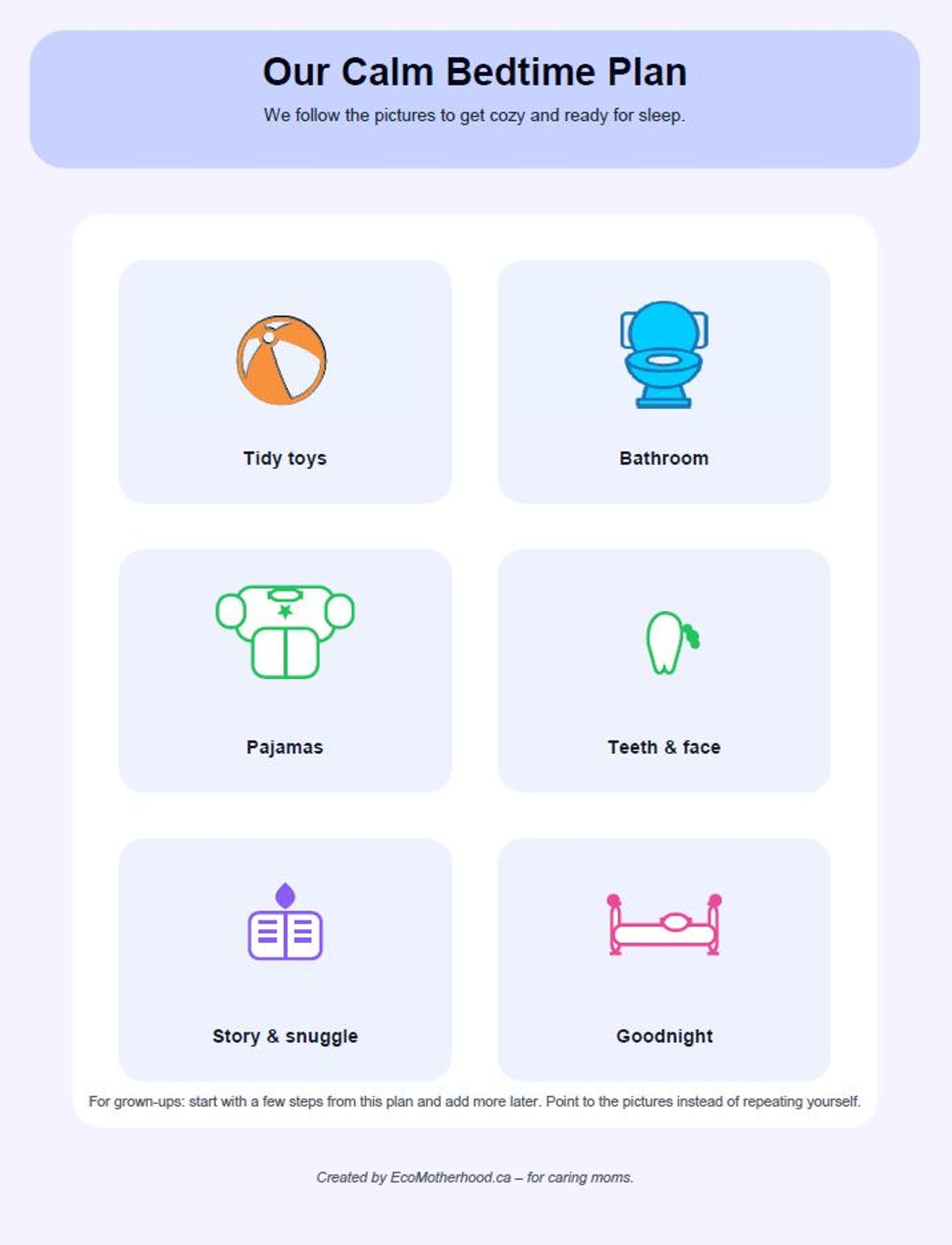 Calm Bedtime Routine Chart for Kids | Tidy Toys & Bathroom Visual ...