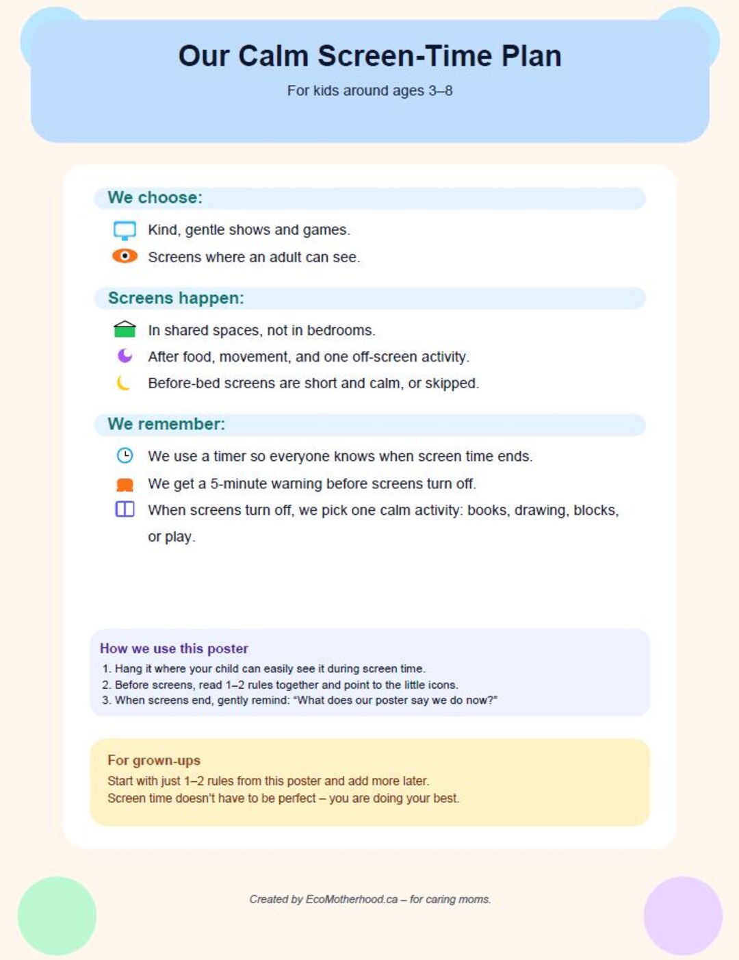Screen Time Rules for Kids Printable | Calm Screen-time Plan Poster ...