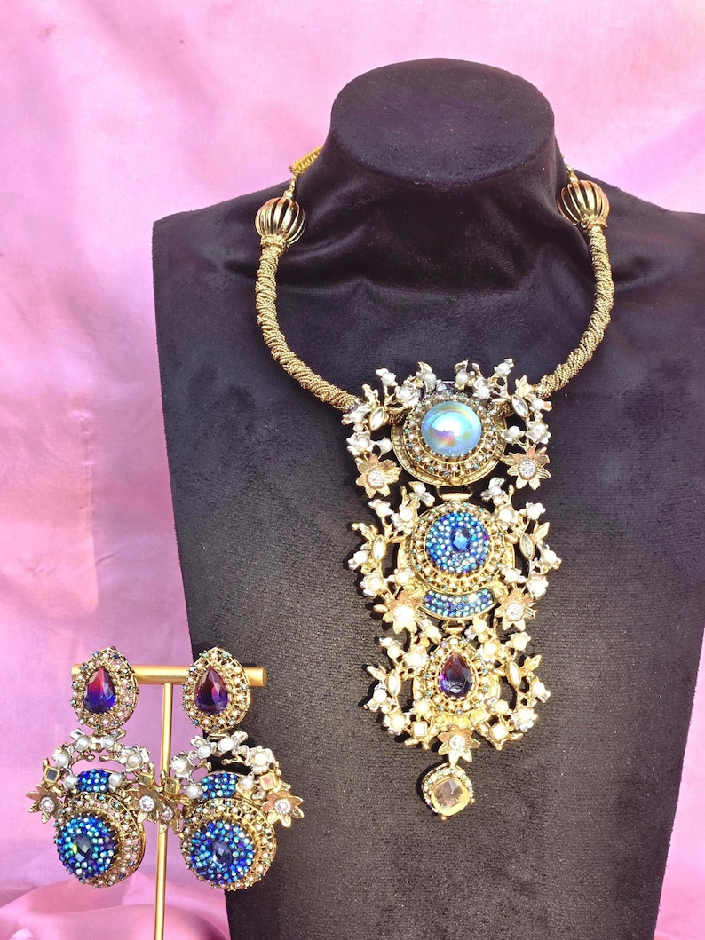 Cleopatra's Charm | Antique Gold & Royal Blue Crystal Long Necklace Set ...