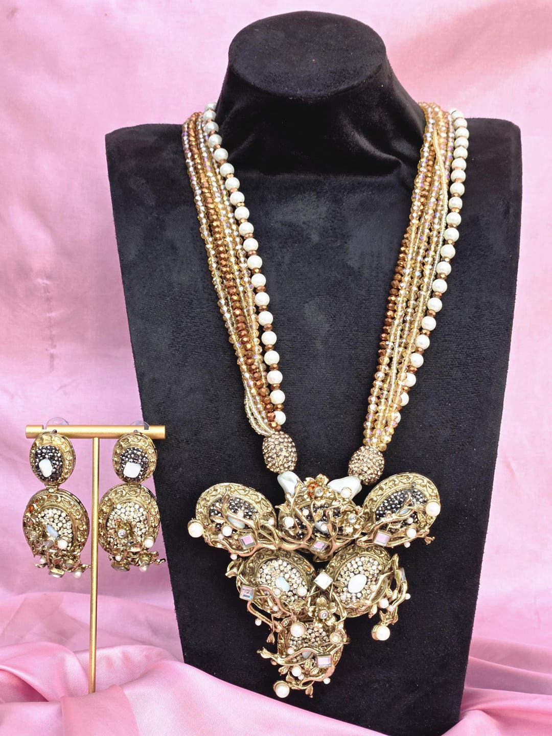 Mehar Mahal | Champagne Gold Crystal & Mothe of Pearl Long Mala Set ...