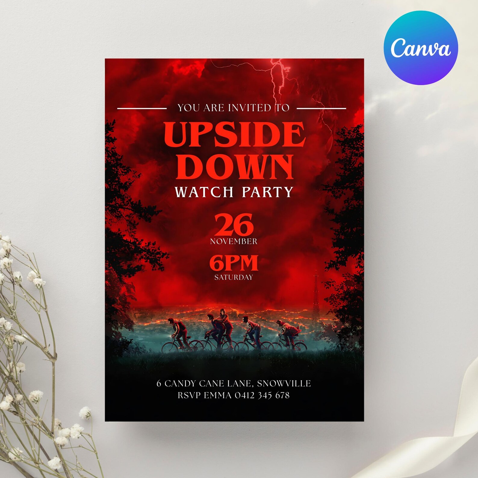 Stranger Things Watch Party Invitation | Retro 80s Canva Template ...