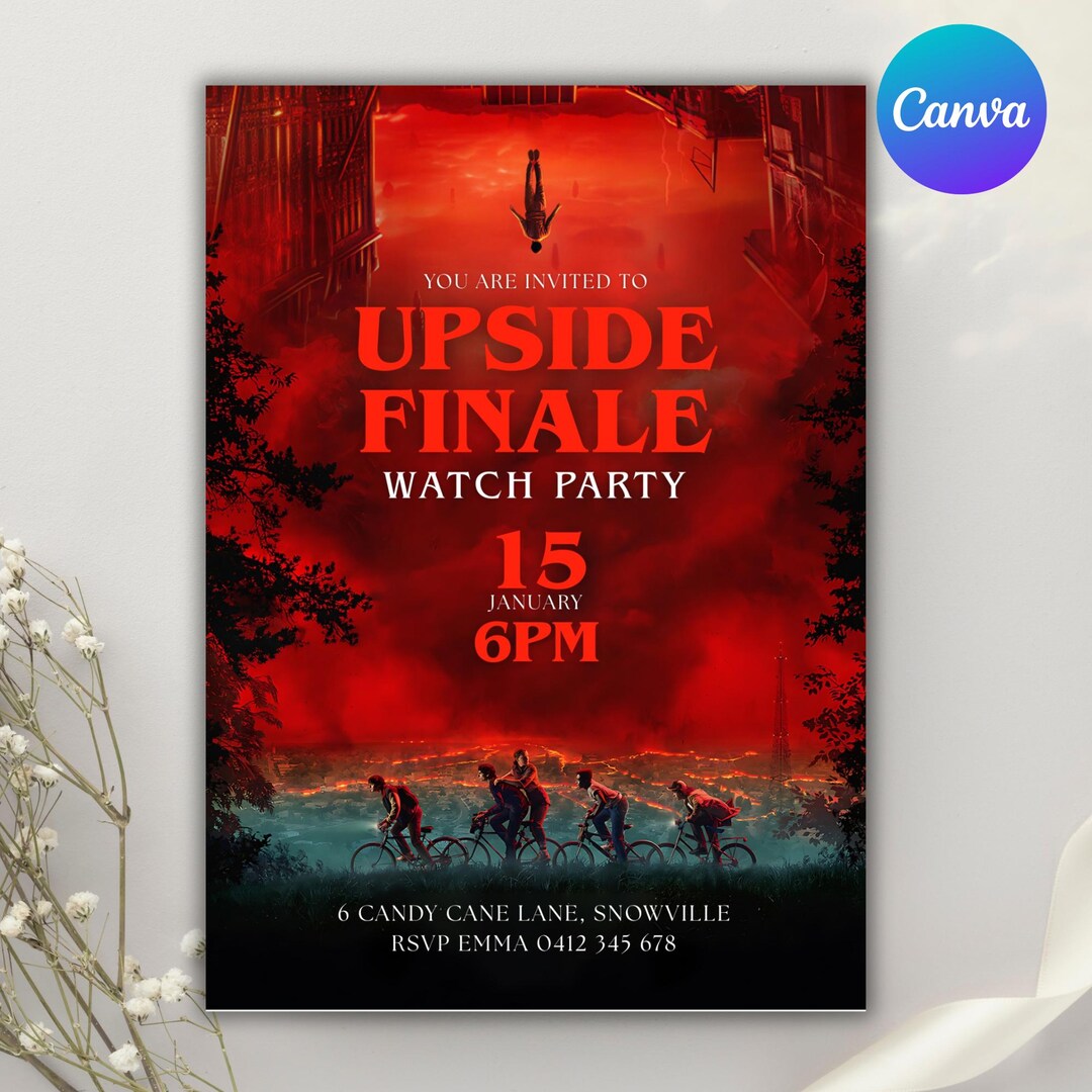 Upside Finale Stranger Things Watch Party Invitation | Retro 80s Canva ...
