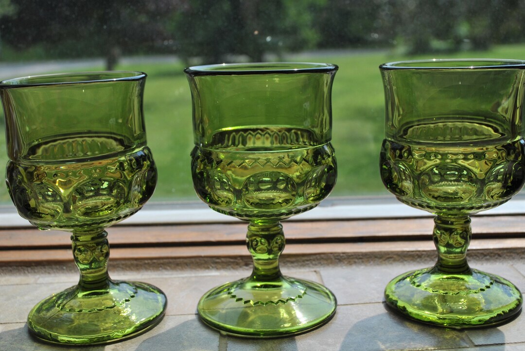 Colony Glass / Indiana Glass King Crown Green / Avocado 3 Wine Glasses ...