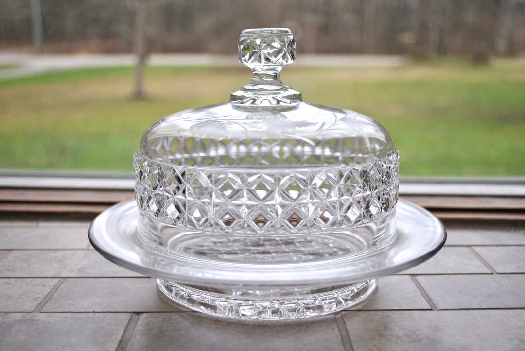 Vintage Clear Glass Cheese Dish With Lid Diamond Ring Etched Leaves on ...