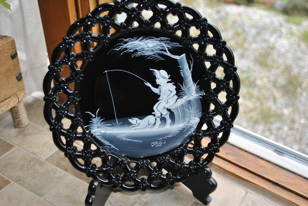 Westmoreland Black Luncheon Plate: Forget Me Not Flowers, Boy Fishing ...
