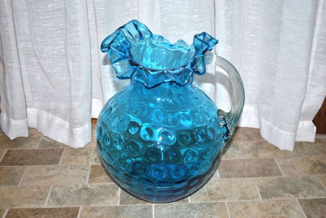Fenton Coin Dot Optic Blue With Clear Ribbed Handle Crimped Ruffled ...