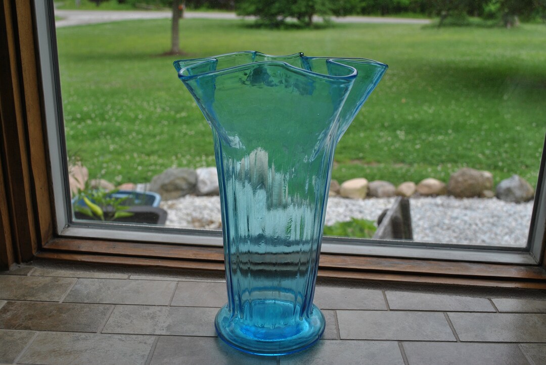 Rossini Empoli Aqua Blue Glass Vase: Hand Blown Ruffle Top, Made in ...