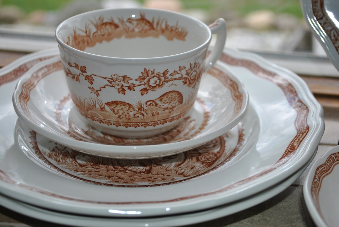 Furnivals Quail Brown Transferware 4 Luncheon Plates, 4 Cups and 4 ...