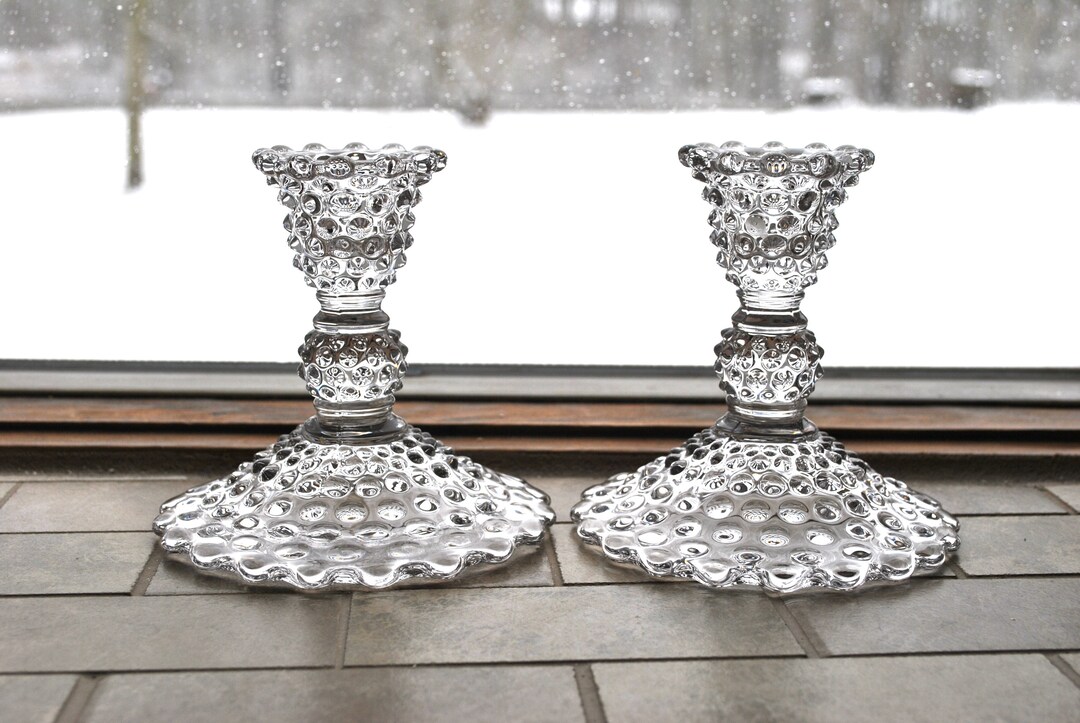 Duncan Miller Clear Hobnail Pair of Candlestick Holders Pressed Glass ...