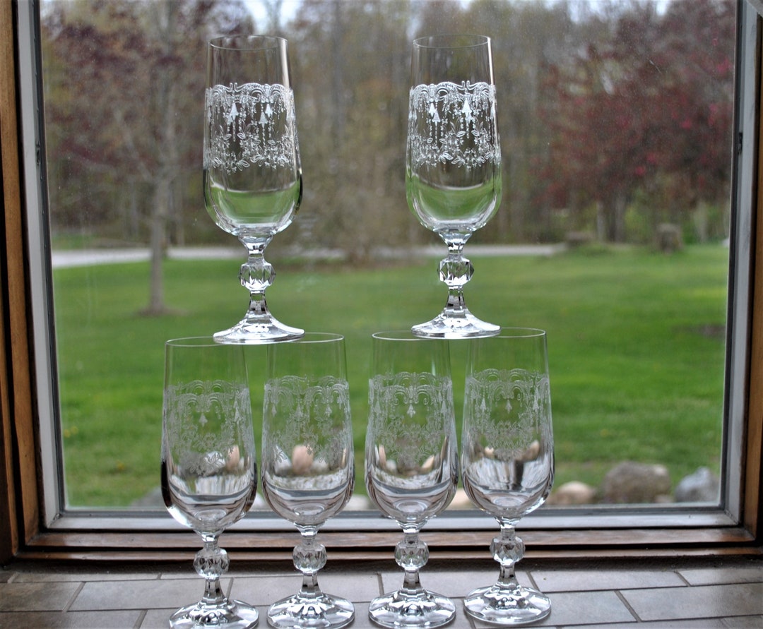 Bohemian Crystal Fluted Champagne Cascade Pattern Wine Glasses Finely ...