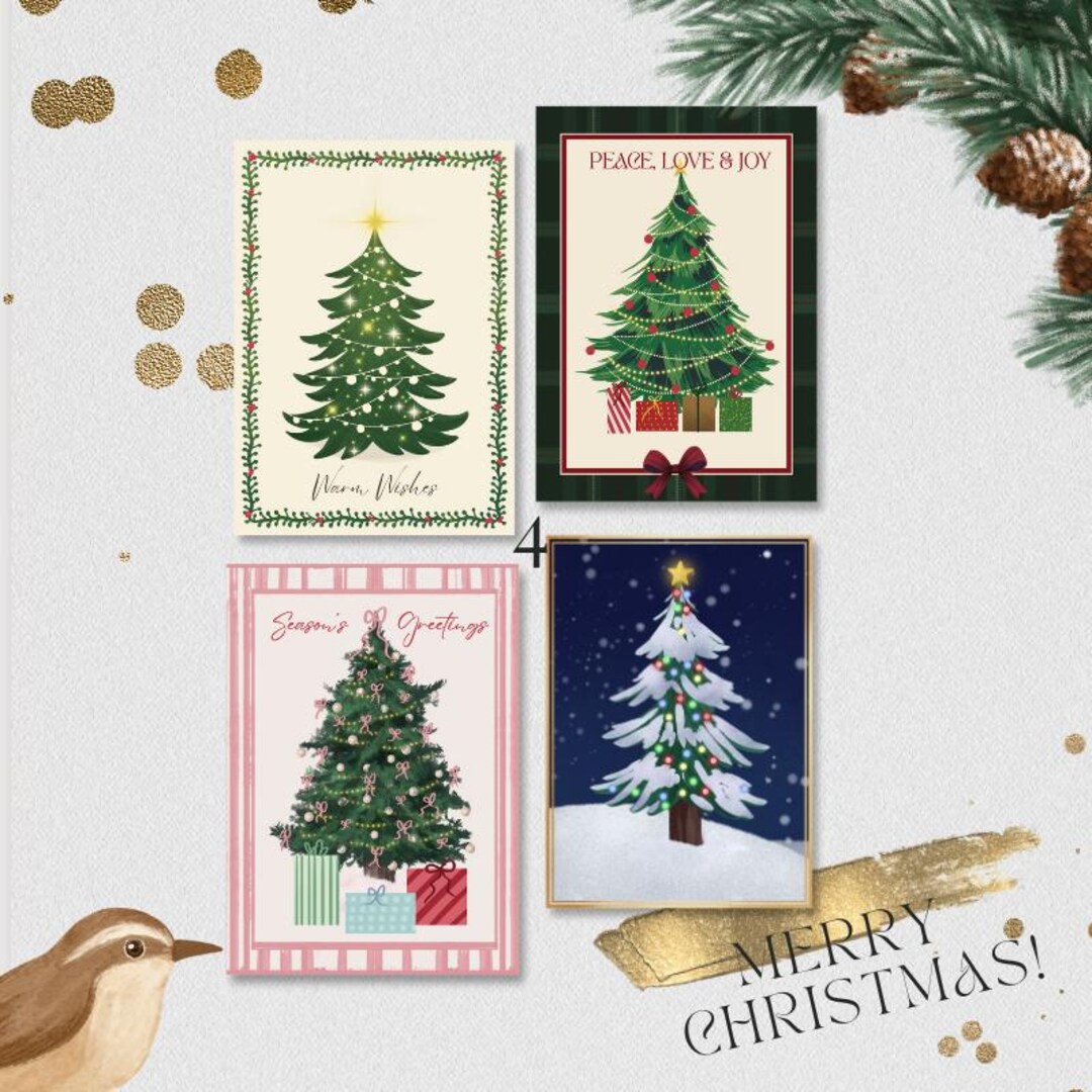 4 Printable Holiday Cards Set, Christmas Illustrations Bundle, Print ...