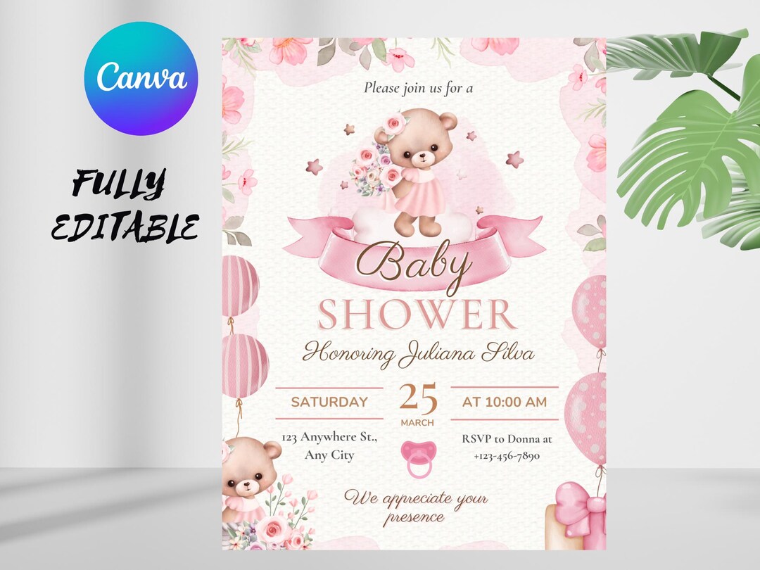 Teddy Bear Baby Shower Invitation (editable Canva Template) - Etsy