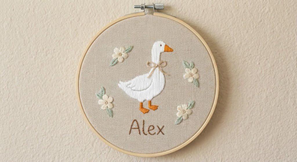 Personalized Hand Embroidered Goose Baby Name Hoop, Baby Newborn Sign ...