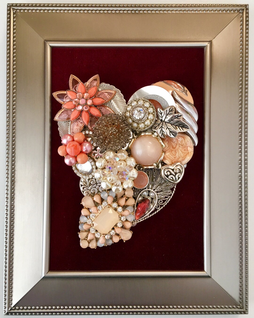 Beautiful Vintage Jewelry Framed Art Handmade Heart, Collage Art, Wall ...