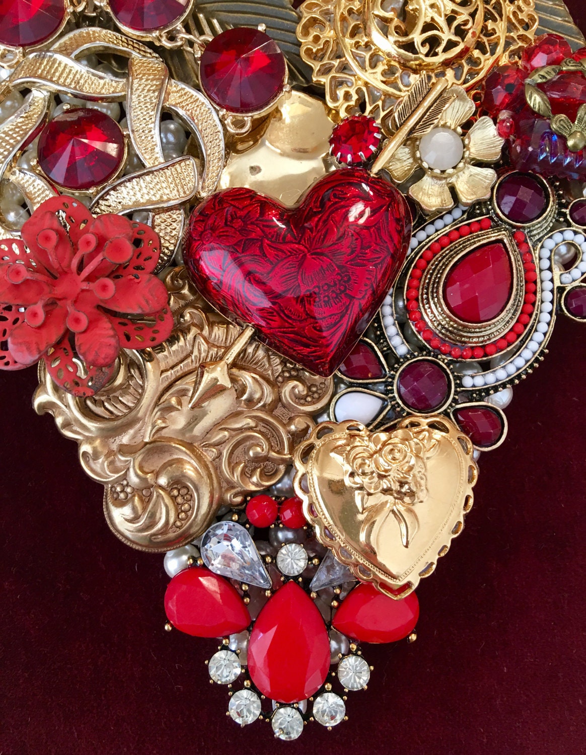 Beautiful Vintage Jewelry Framed Art Handmade Heart, Collage Art, Wall ...