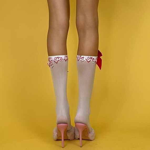 Red Ribbon-Embellished White Stockings - Gem