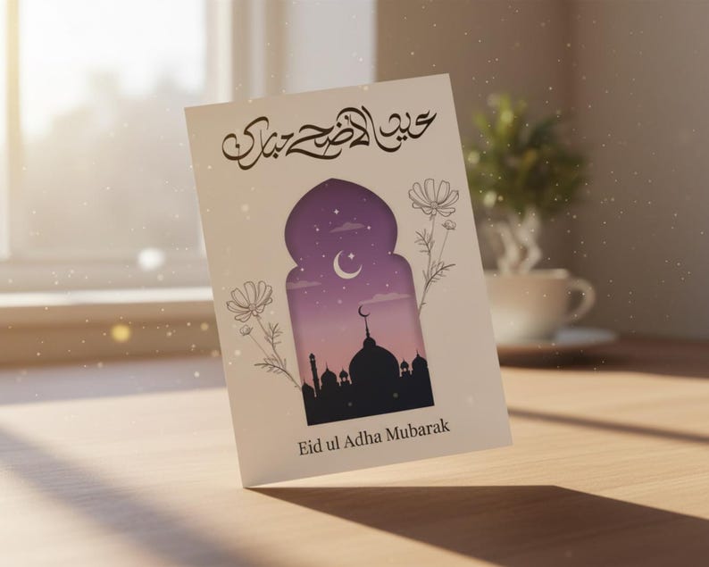 Editable Eid Ul Adha Mubarak Card | Mosque Silhouette, Arabic ...