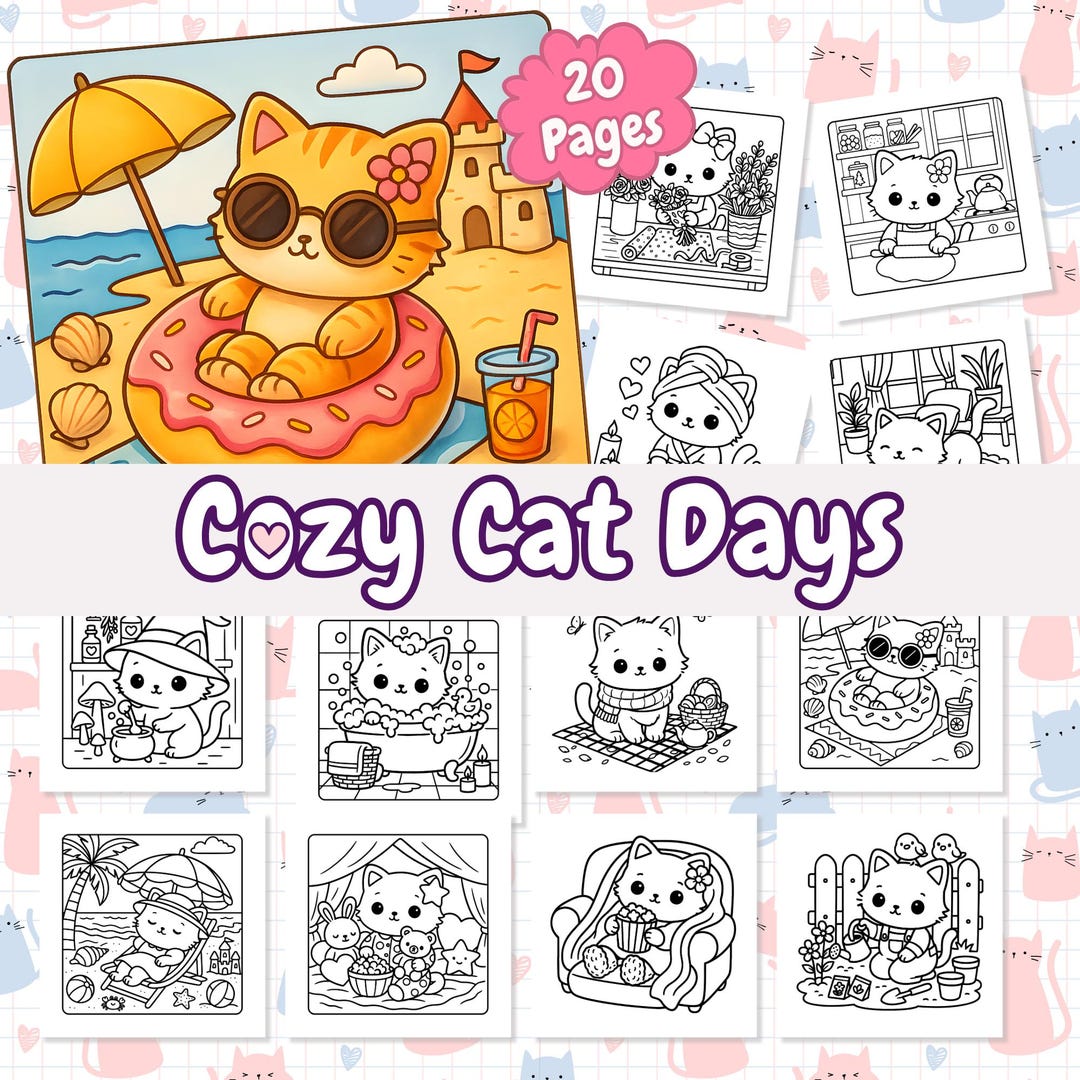 Cozy Cat Days : Cute Cats Coloring Pages Printable Instant Digital ...