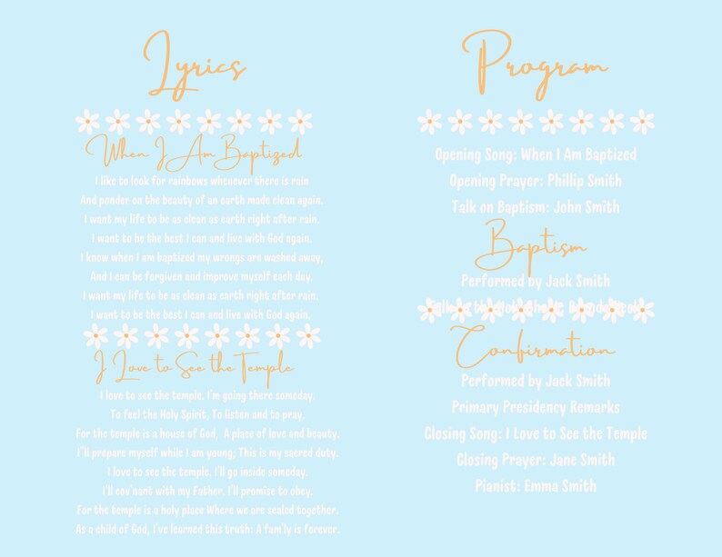 Editable LDS Baptism Program, Blue Daisy, Canva Template - Etsy