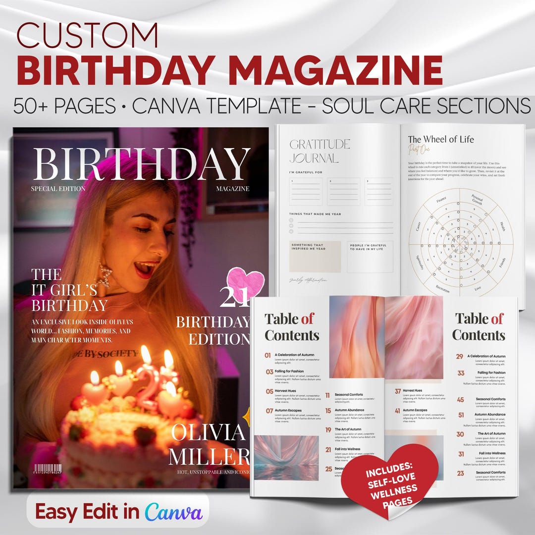 Custom Birthday Magazine Template, Personalized Digital Gift for Her ...