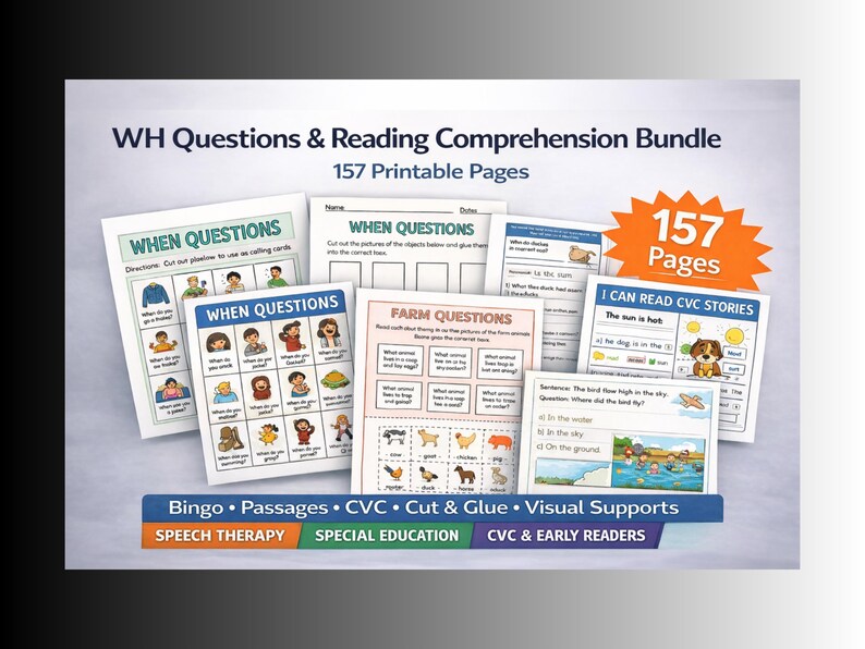 WH Questions Reading Comprehension Bundle | 157 Printable Pages | CVC ...