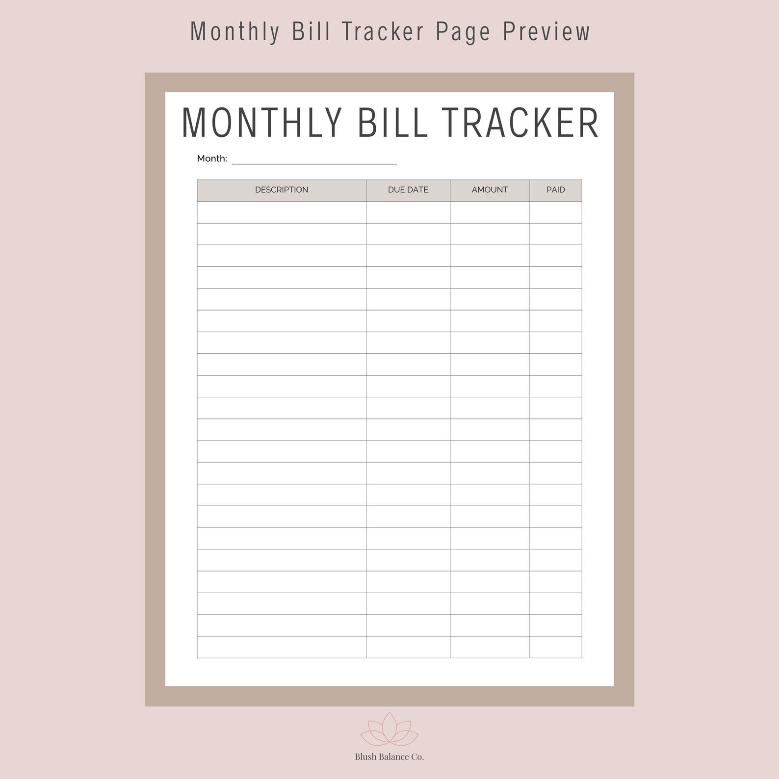 Monthly Bill Tracker Printable PDF | Minimalist Bill Pay Worksheet ...