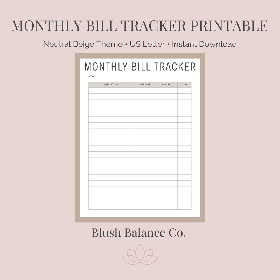 Monthly Bill Tracker Printable PDF | Minimalist Bill Pay Worksheet ...