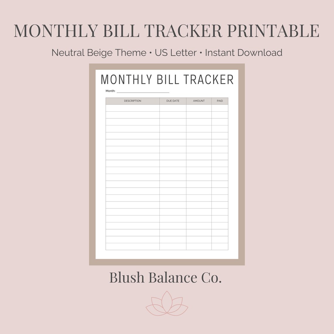 Monthly Bill Tracker Printable PDF | Minimalist Bill Pay Worksheet ...