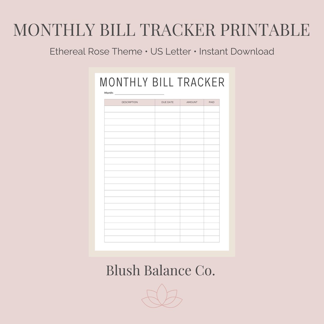 Monthly Bill Tracker Printable PDF | Minimalist Bill Pay Worksheet ...