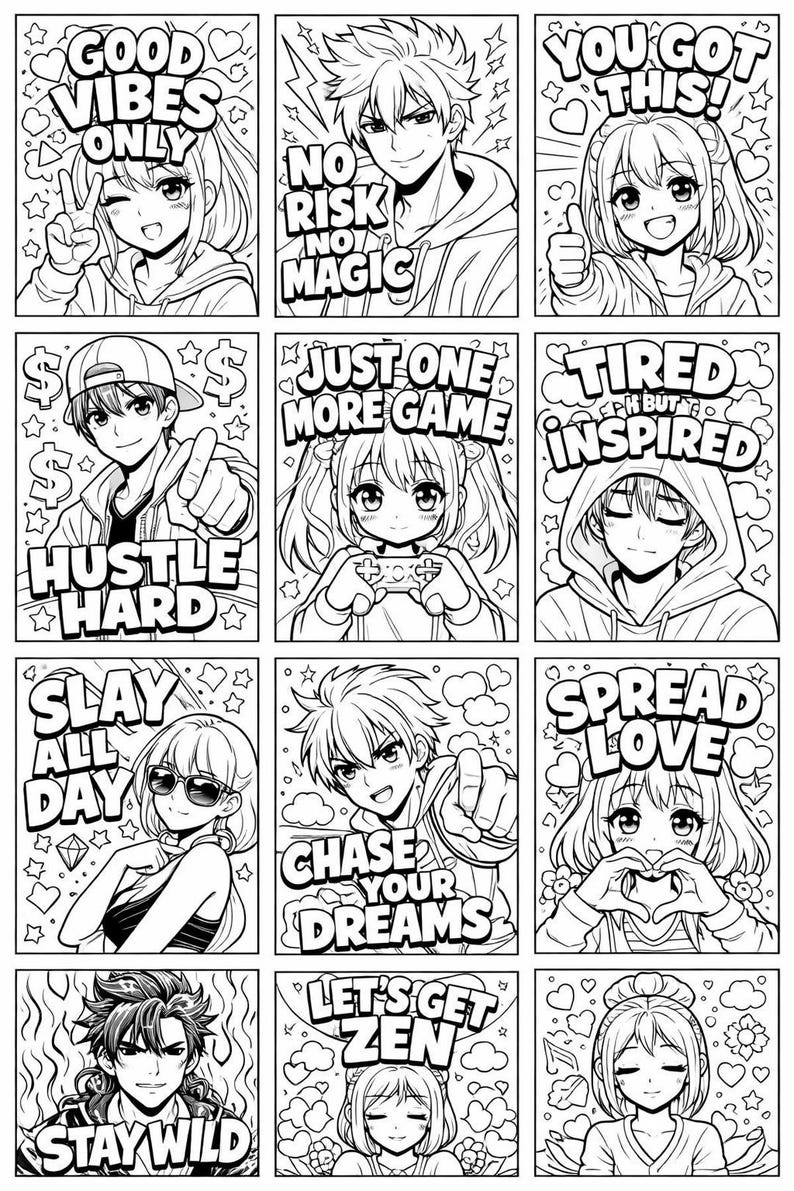 Anime Coloring Pages: 10 Trendy Designs With Quotes (printable PDF) - Etsy
