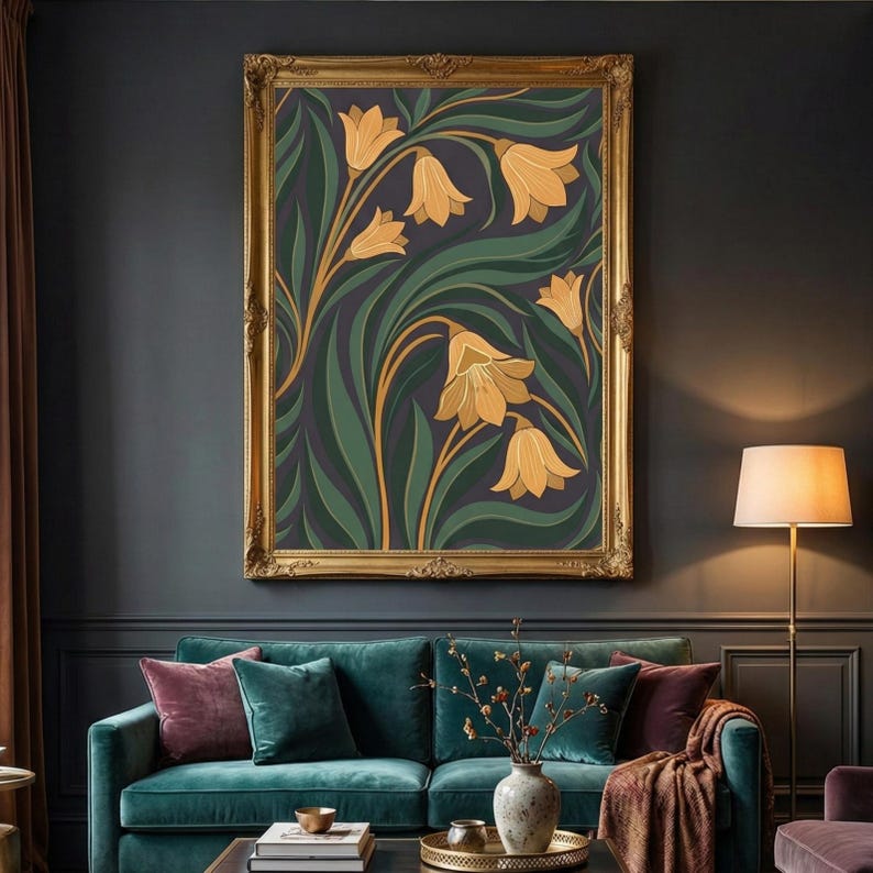 Impressão Art Nouveau Bellsprout, Arte de Parede Floral Dourada, Pôster ...