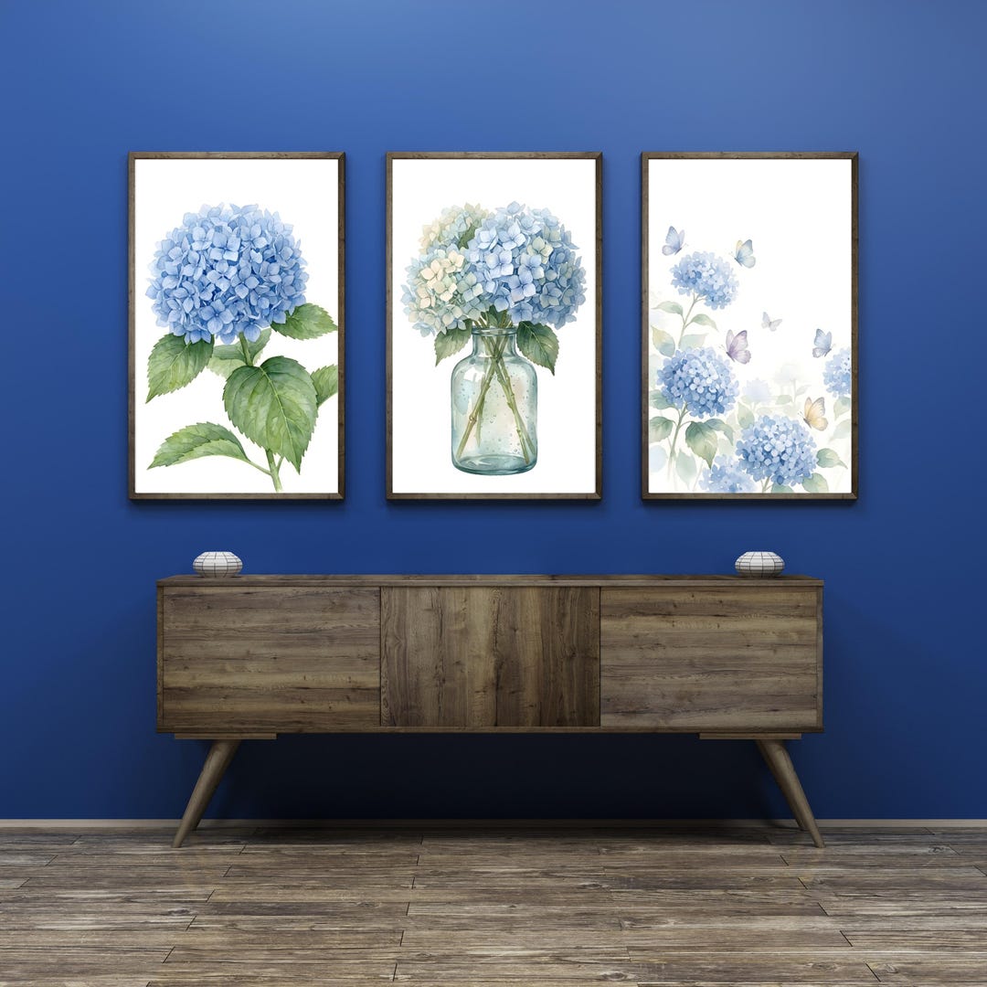 Blue Hydrangea Watercolor Prints: Botanical Wall Art, Hydrangea Wall ...
