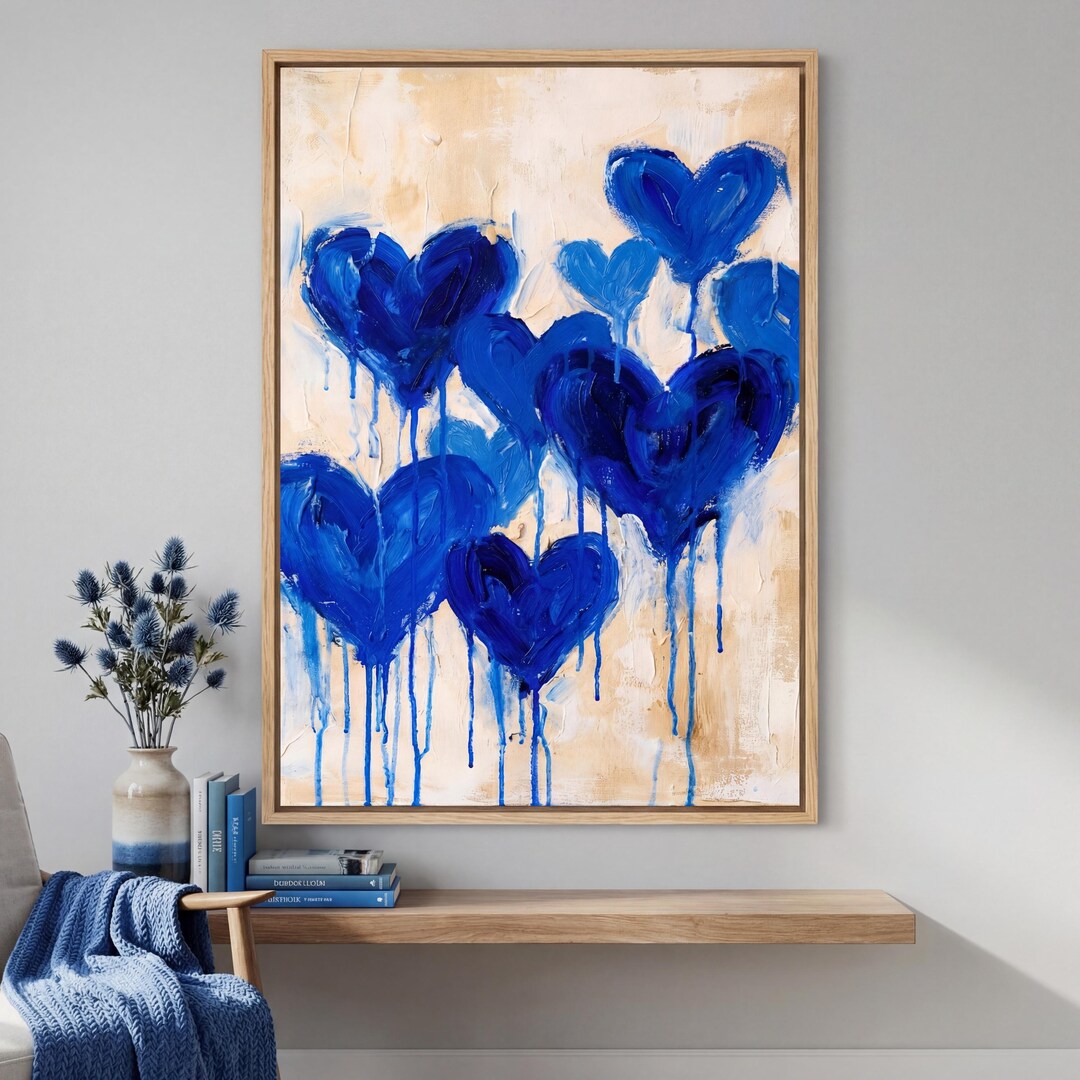 Blue Heart Print, Abstract Wall Art, Navy Blue Decor, Modern Art ...