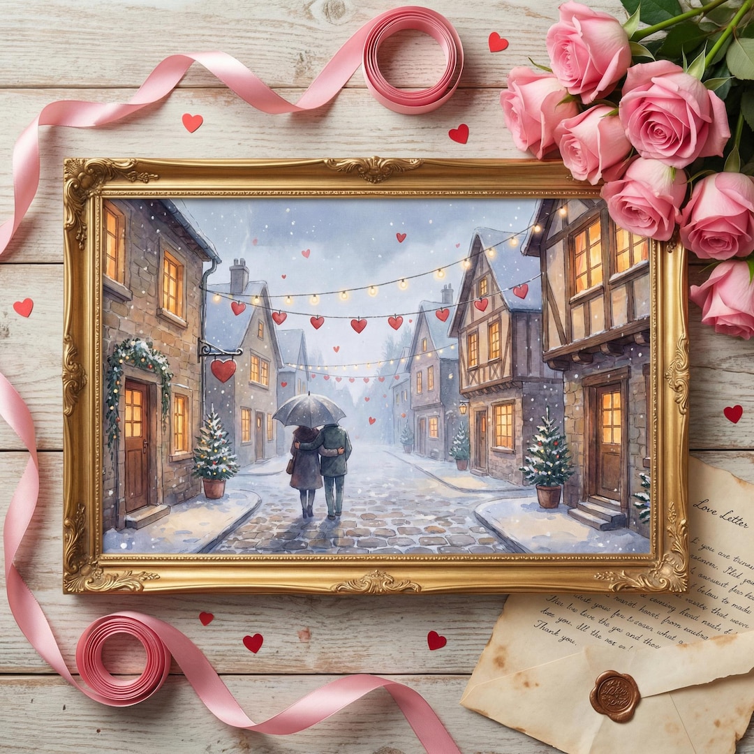 Romantic Village Print, Vintage Valentine Wall Art, European Town ...