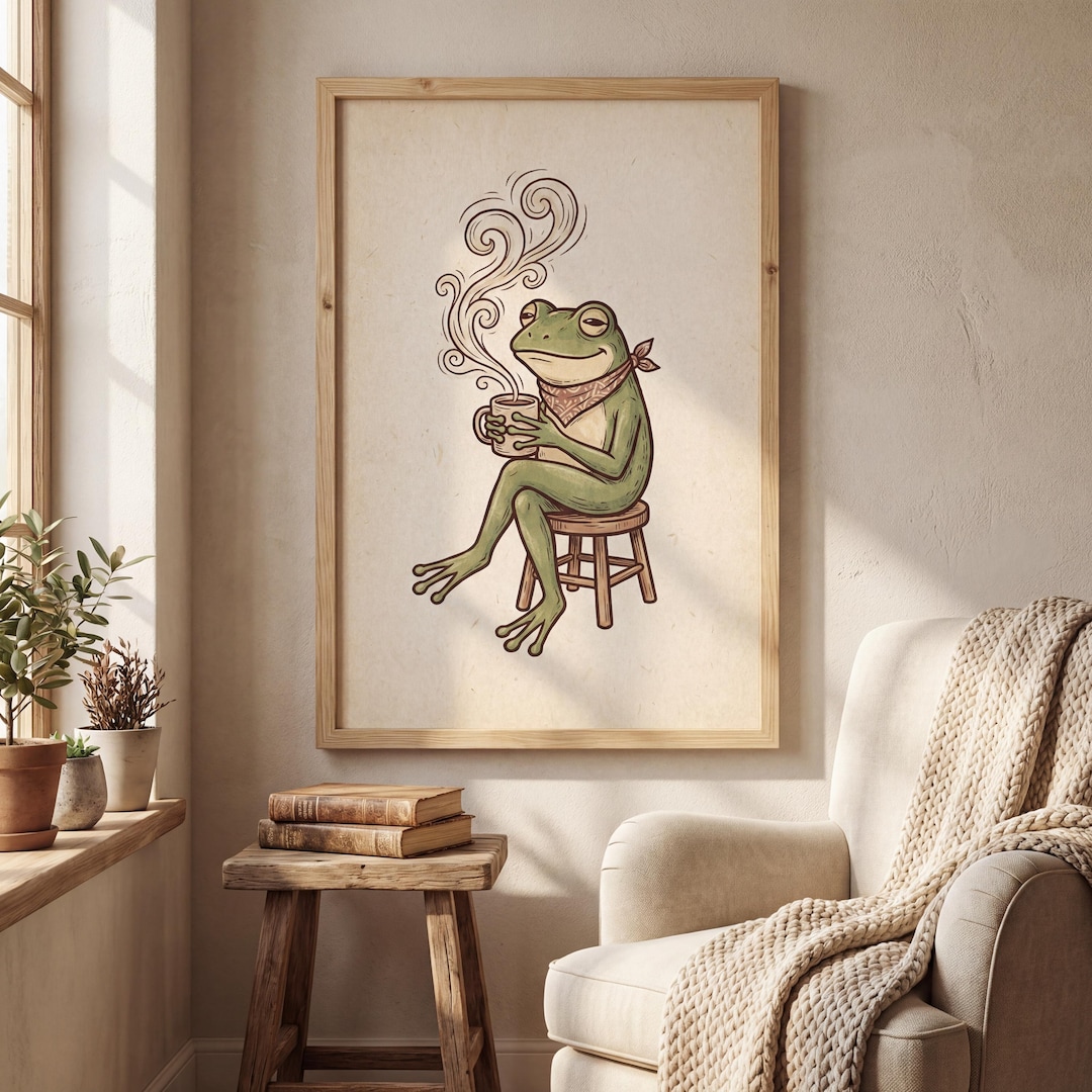Impressão de sapo bebendo café, arte de parede aconchegante em estilo ...