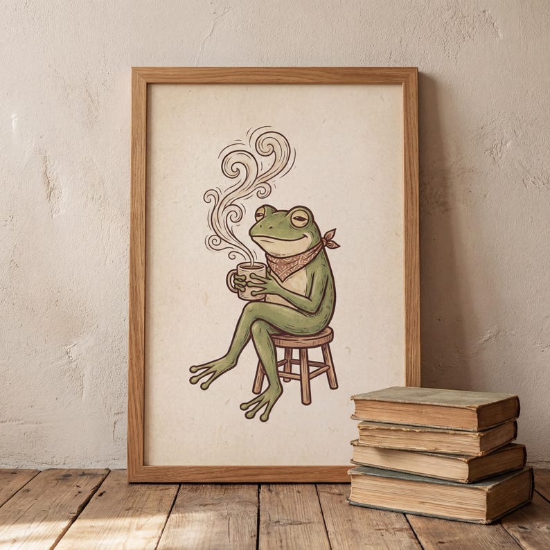 Impressão de sapo bebendo café, arte de parede aconchegante em estilo ...