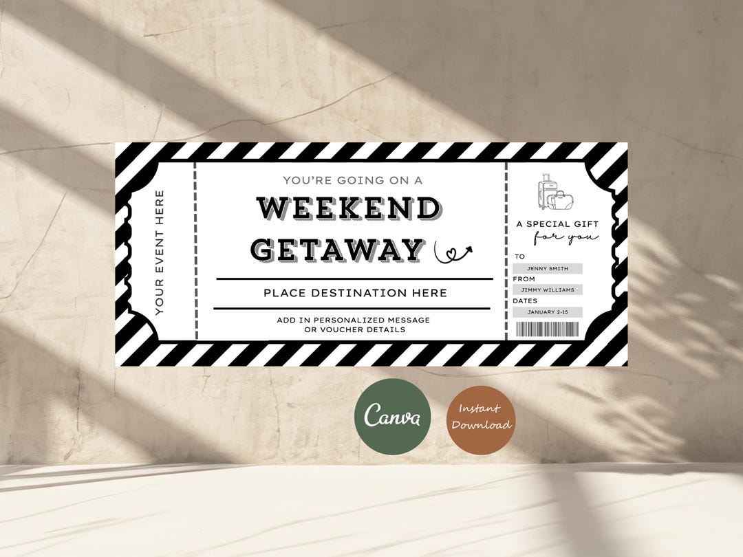Editable Weekend Getaway Gift Voucher, Travel Ticket (canva Template ...